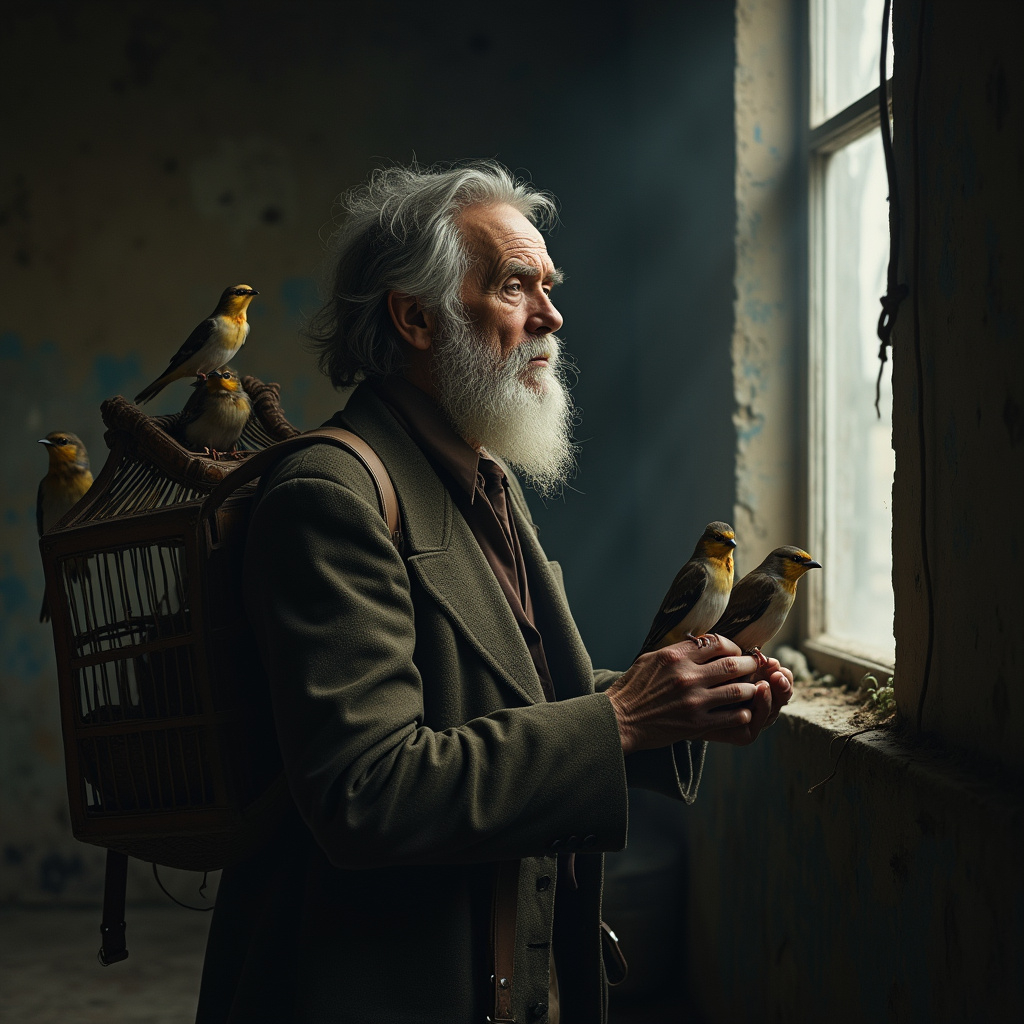 A weary old bird keeper with unkempt gray hair and a...
