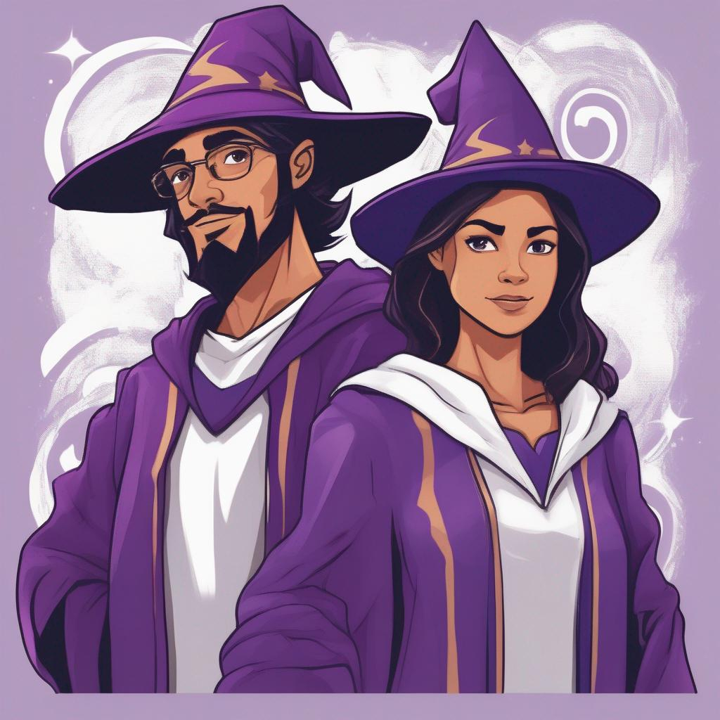 male and female wizard, high school age, latino, pur...