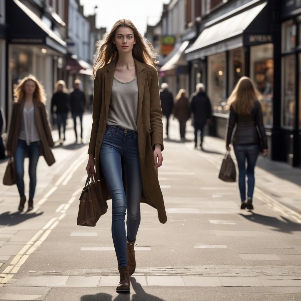 Tall young woman walking down the high street, detai...