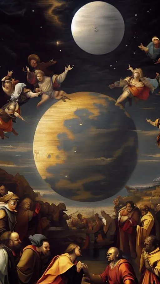 Oil renaissance painting of the grey moon orbiting t...