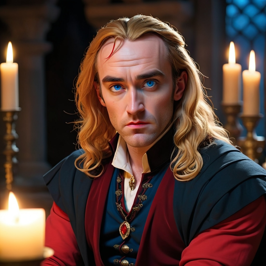 Matthew McFadyen as a Roman vampire with long golden...