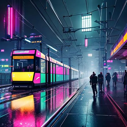 Cyberpunk Melbourne, cars, trams, people, rain, 8k