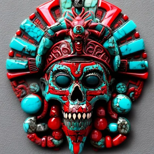 Death aztec god realistic photo red obsidian turquoi...