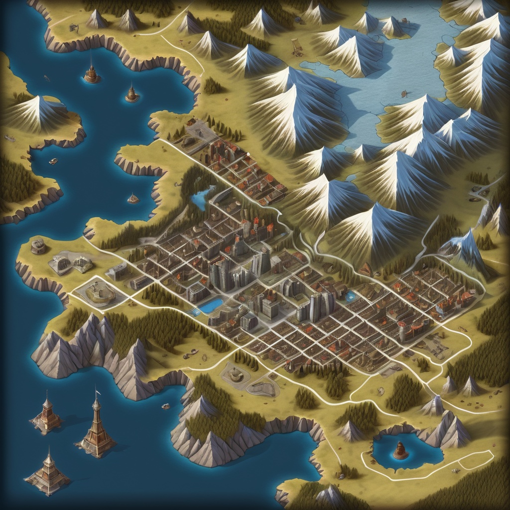 A top-down map of a city with mountains to the north...