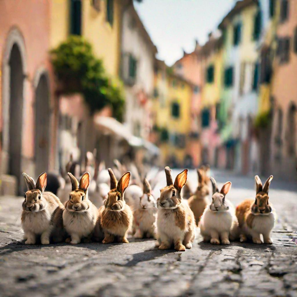 Still photo of 20 rabbits sitting on a street in lig...