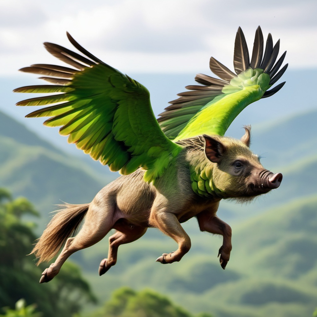 a flying animal that is a cross between a wild boar...