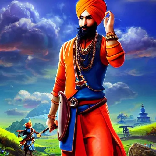 Muscular Sikh man praying on mountain top, realistic...