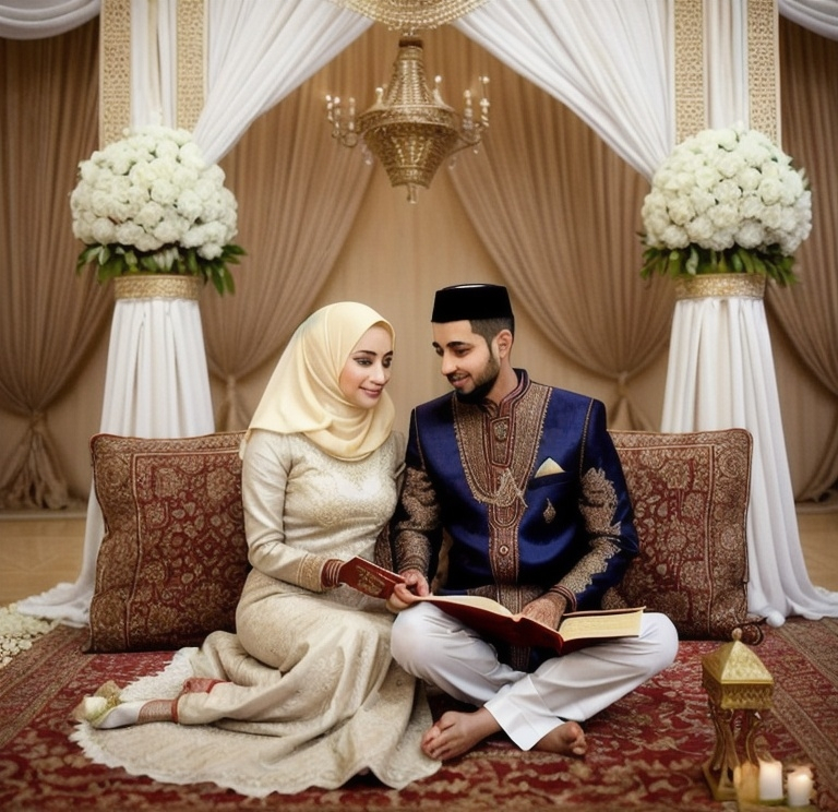 A Muslim couple sitting together during a Nikah cere...