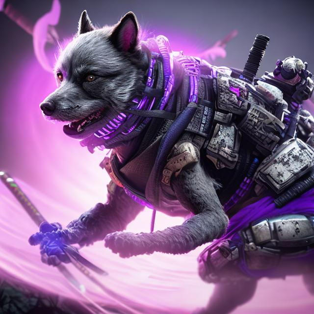 Purple hyper realistic ninja dog with samurai sword,...