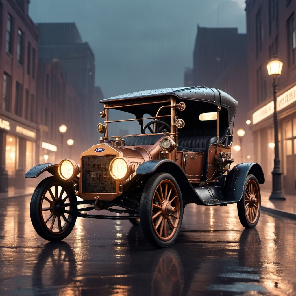 Steampunk Ford Model T with futuristic cannons, head...