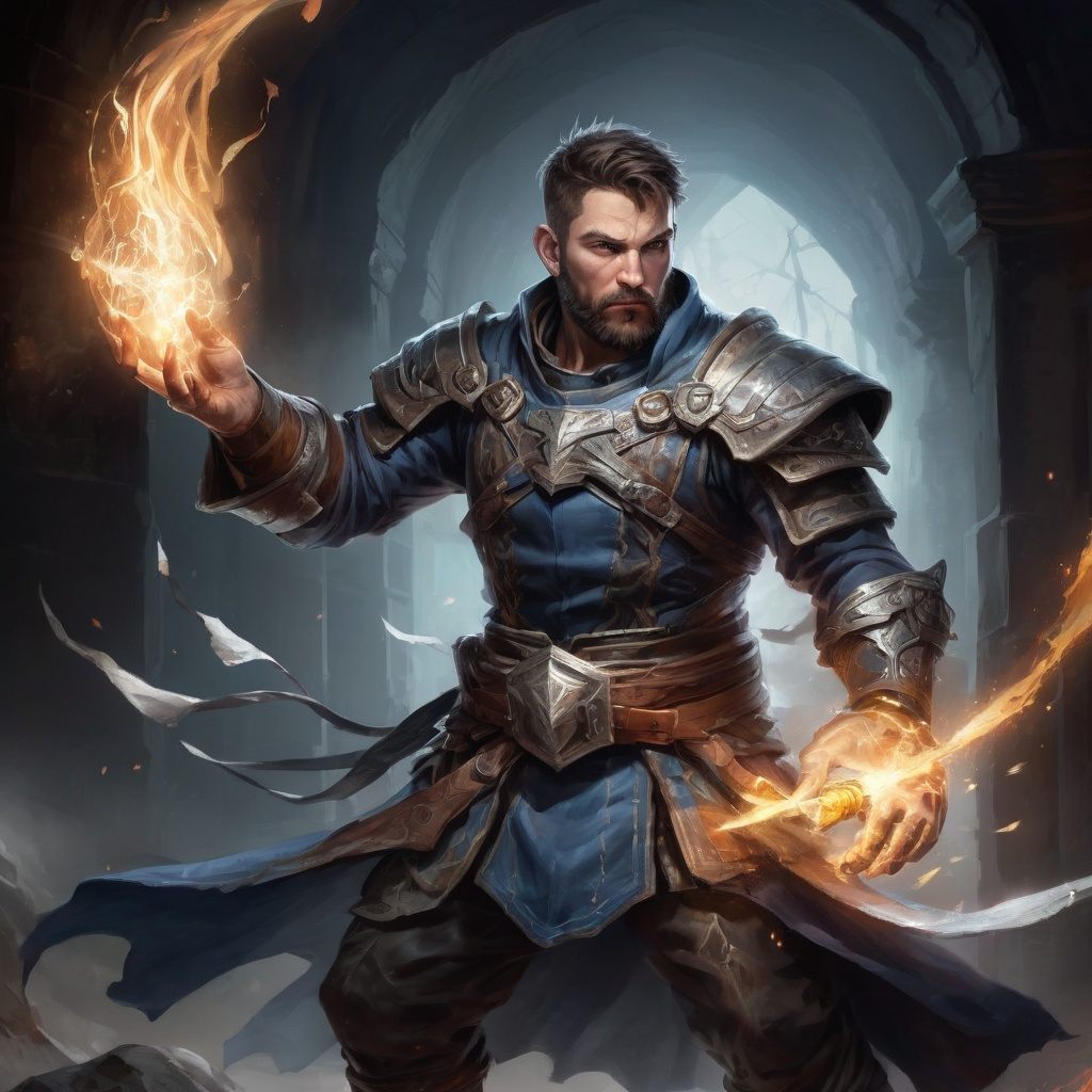 Male stocky large muscular battle-mage with short-cu...