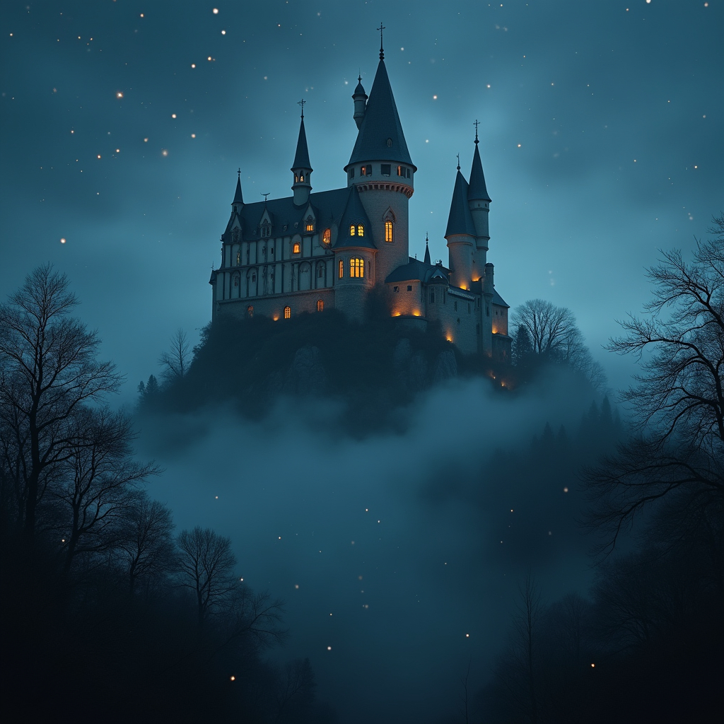 A magestic castle at night surrounded by fog and fir...