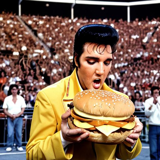 Elvis Presley eats giant cheeseburger in front of ch... | OpenArt