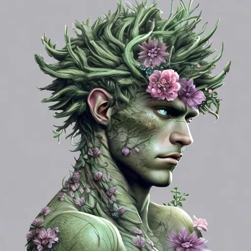 male dryad, pastel green skin, flowers growing from...