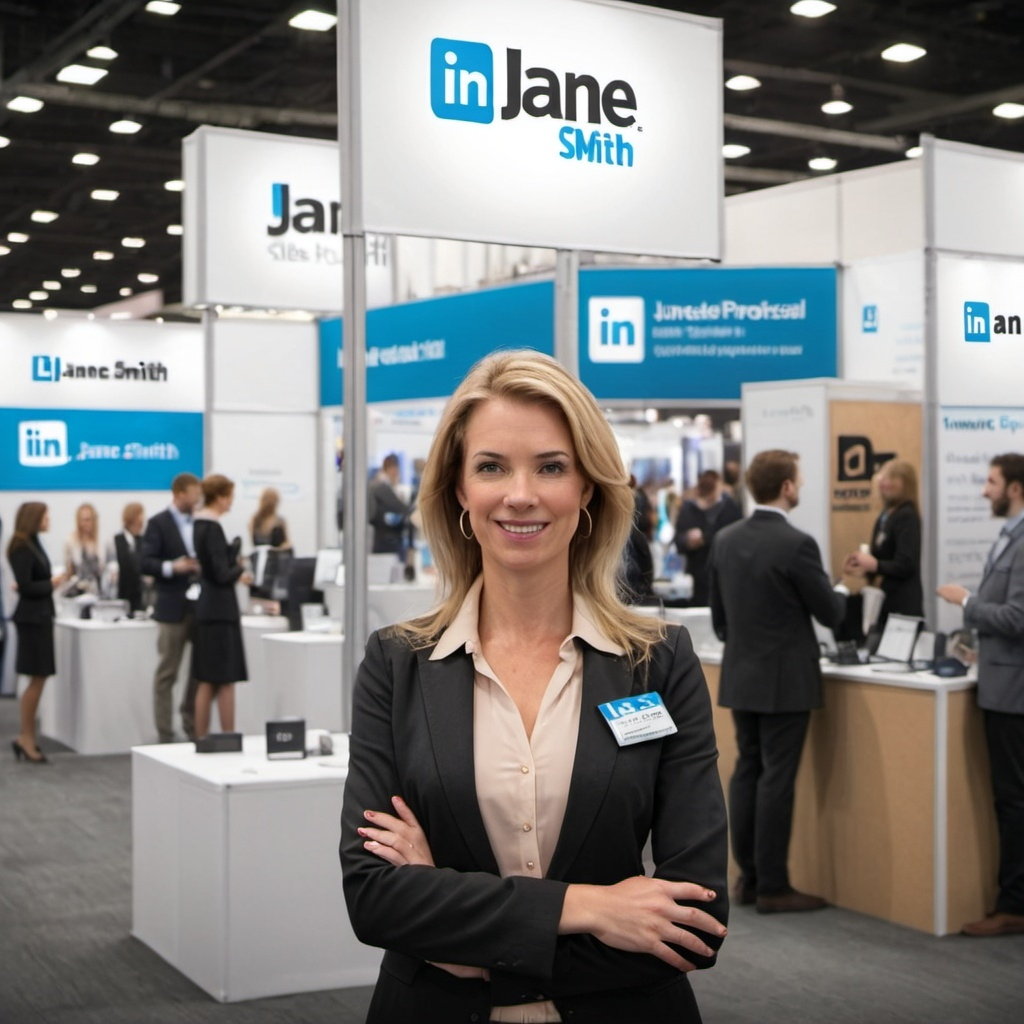 Show a woman standing at a tradeshow booth. Have the...