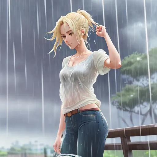 Lady wearing jeans and wet shirt, wet skin, beautifu...