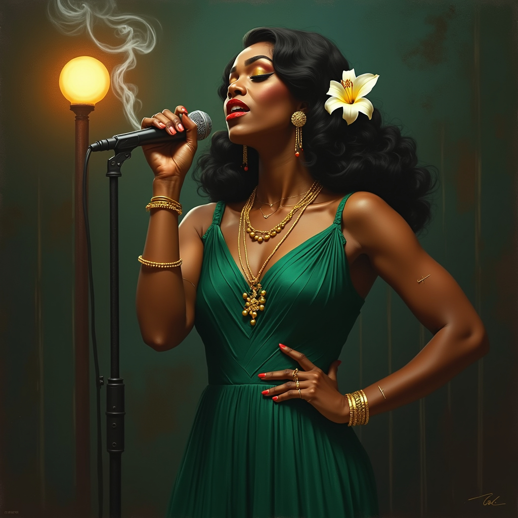 A soulful black jazz singer, dressed in a luxurious...
