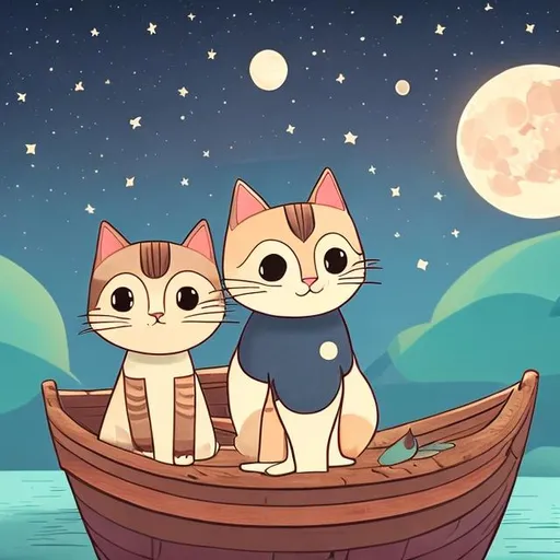 two cute and mild cartoon cats sit on the wooden boa...