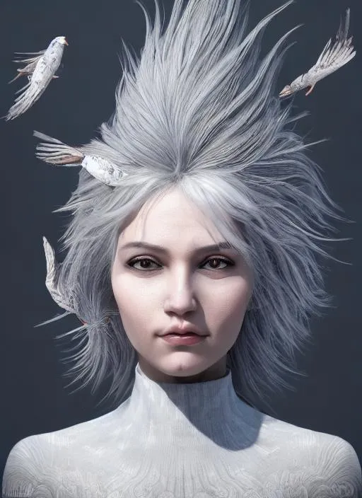 Portrait of a young avian woman with grey hair and... | OpenArt