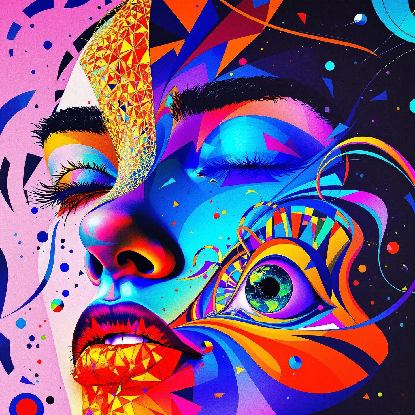 A woman’s face disintegrating into hyperbolic geomet...