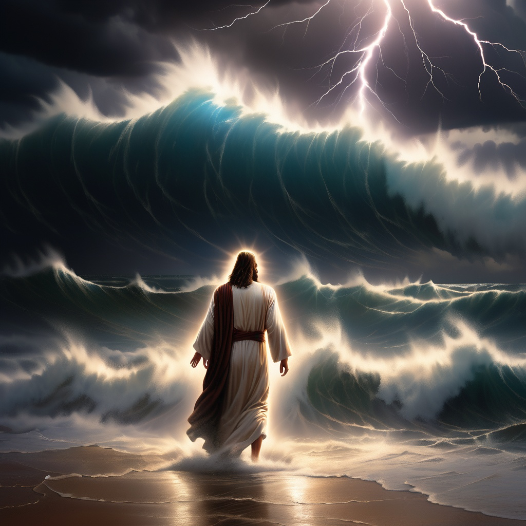 Jesus is clothed and on the horizon as a figure in t...