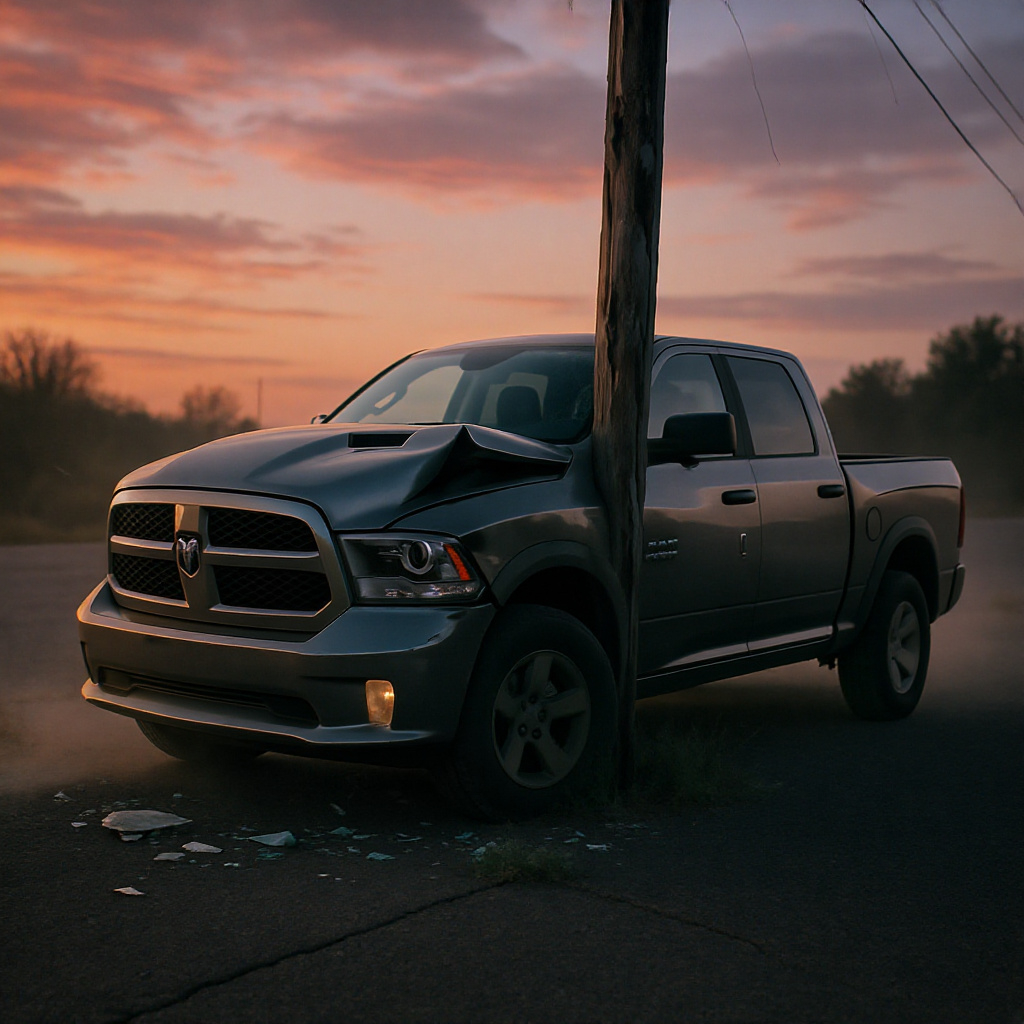 A 2018 gray ram truck crashed into a poll