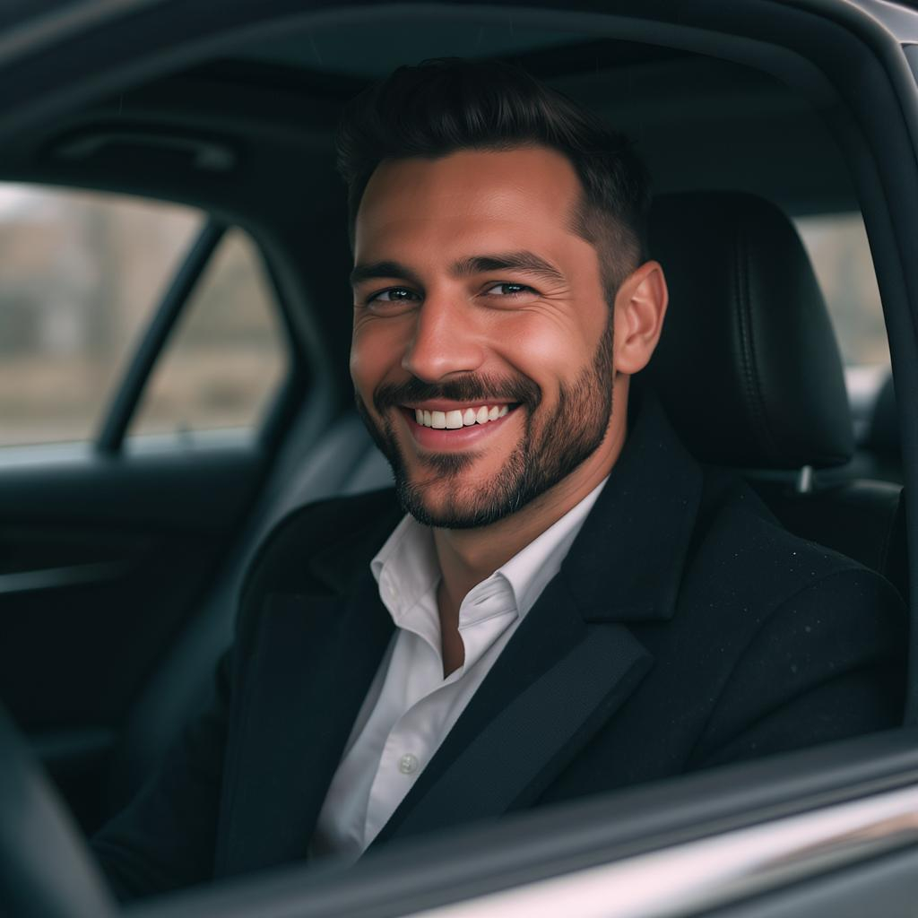 A confident man sits inside a luxurious car, radiati...