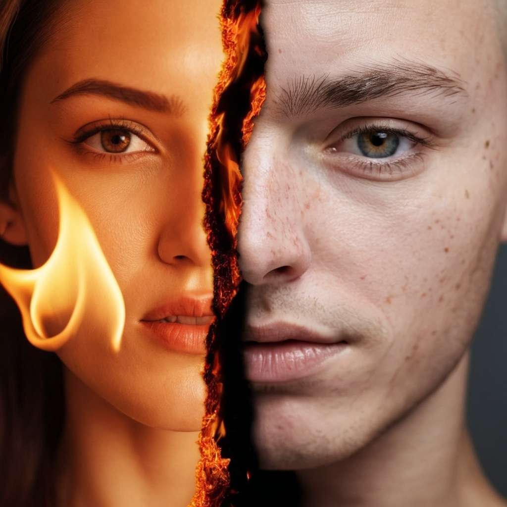 Split image of a Human, left half is burning with Wo...