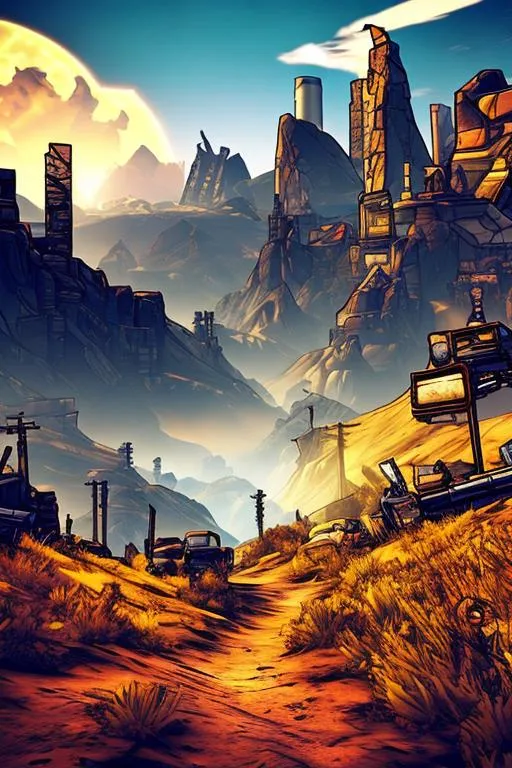 Borderlands art style, cell shading, post-apocalypti...