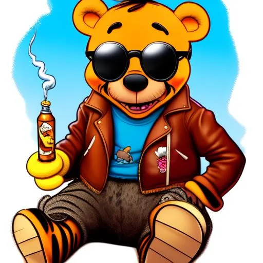 cracked out whinny the pooh wearing a leather jacke...
