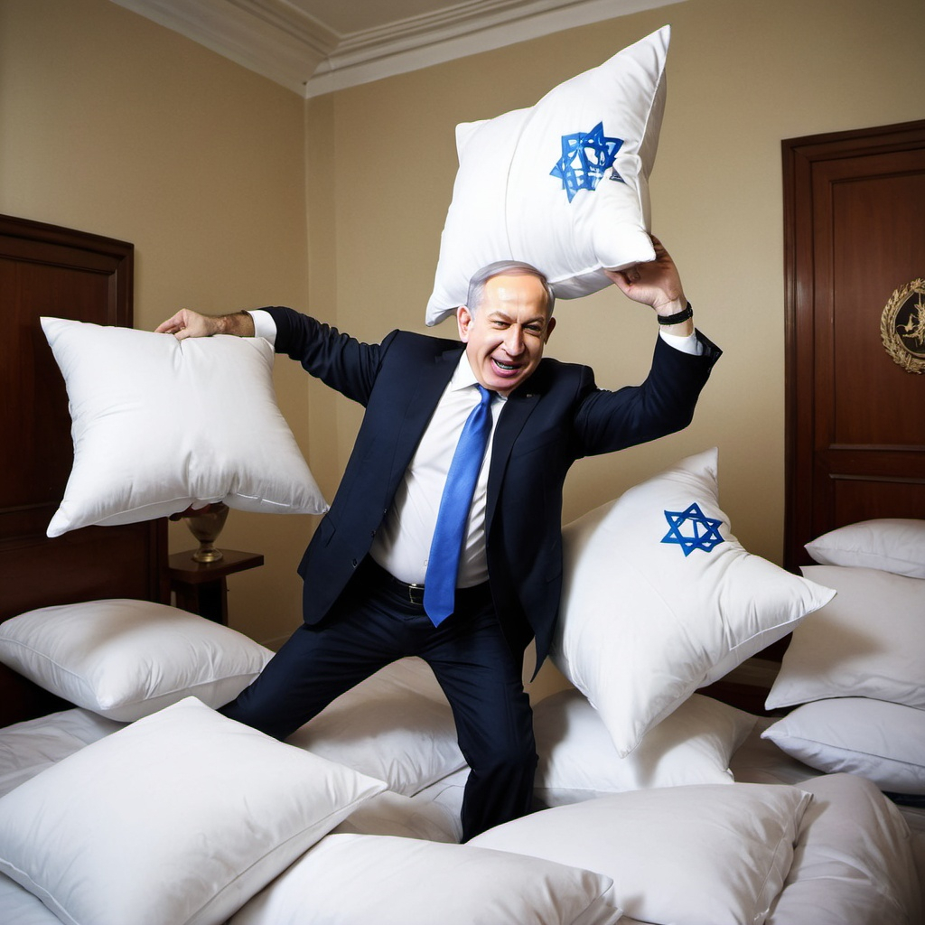 a surreal image fusing benjamin netanyahu and pillow...