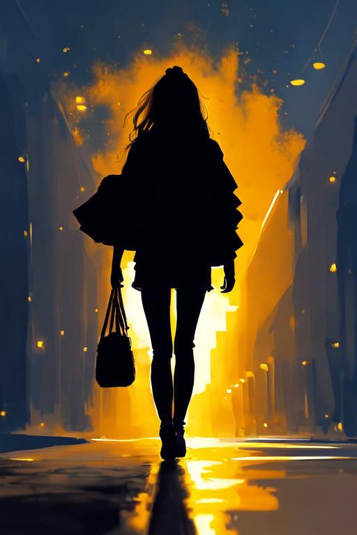 illustration of a girl walking away, back facing us,...