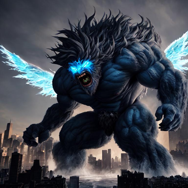 large monster attacking city, mane of hair, screamin... | OpenArt
