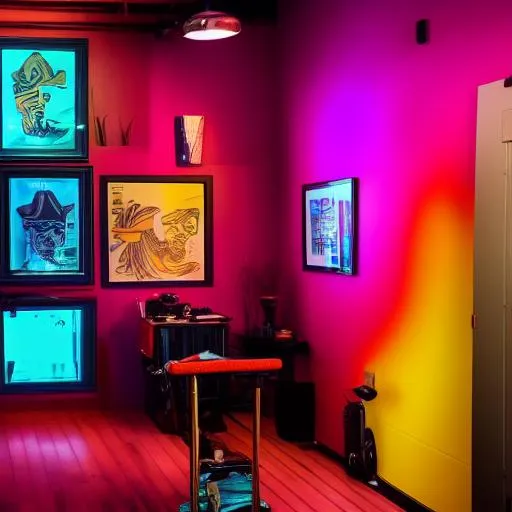 Tattoo studio decorated in triadic colors, backlit,...