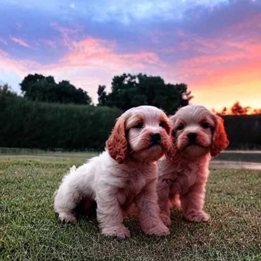 pretty cute cavapoo puppies with a sunset | OpenArt