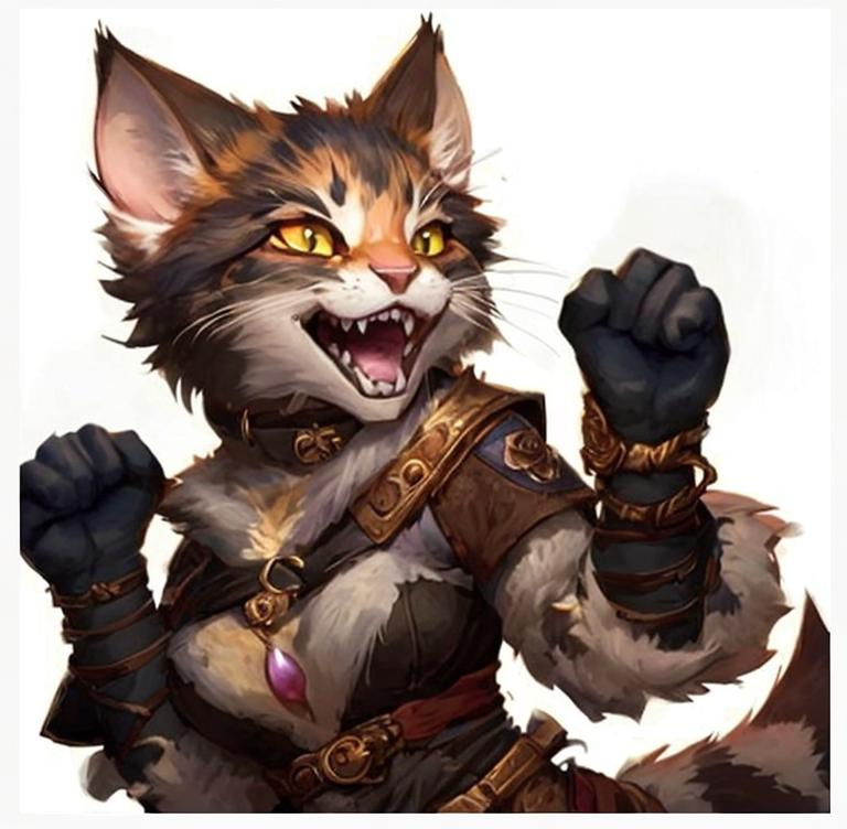 catfolk adventurer female dnd character art, joyful,...