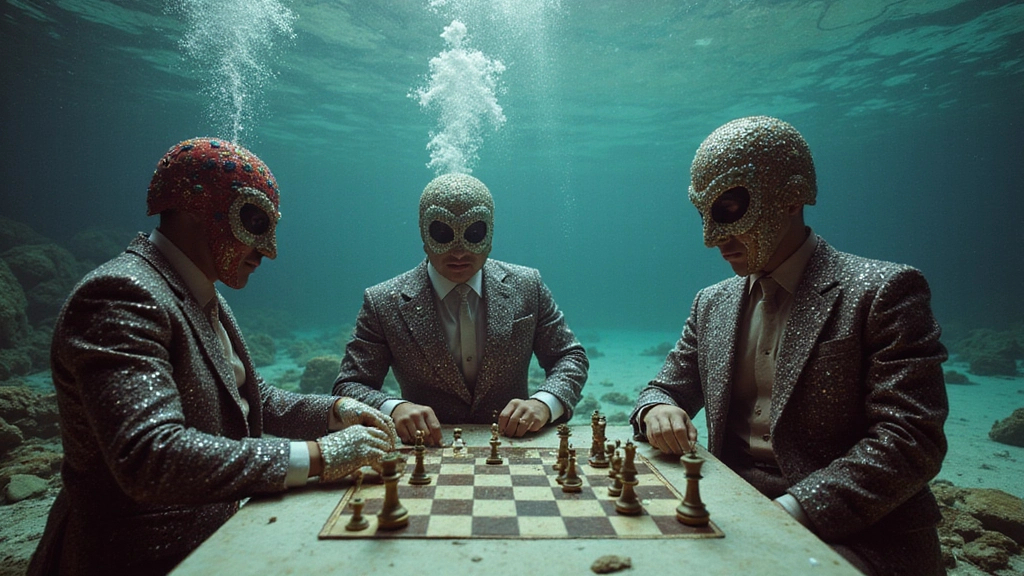 camera dollies out. luchadores playing chess underwater