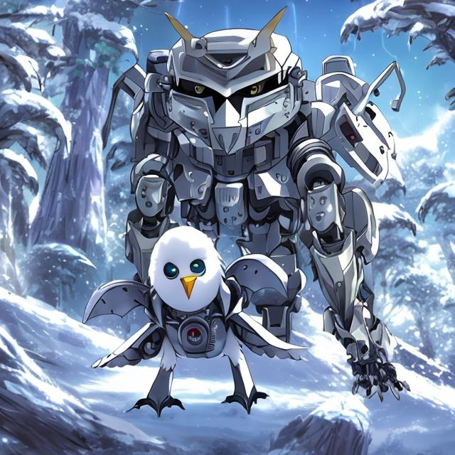 anime of a robot owl battling a robot penguin in a f...