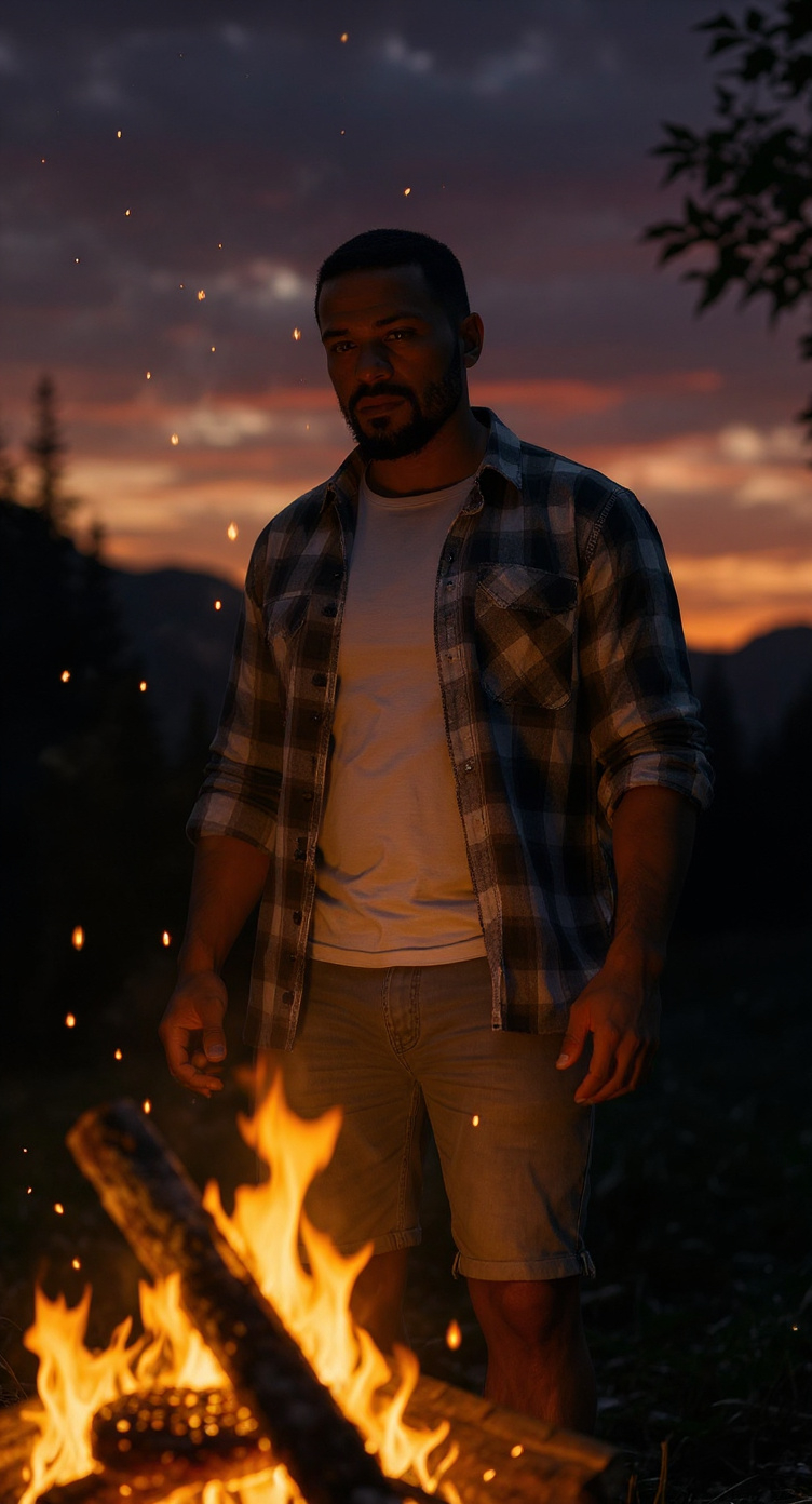 Visualize a rugged outdoor setting at dusk, the sky...
