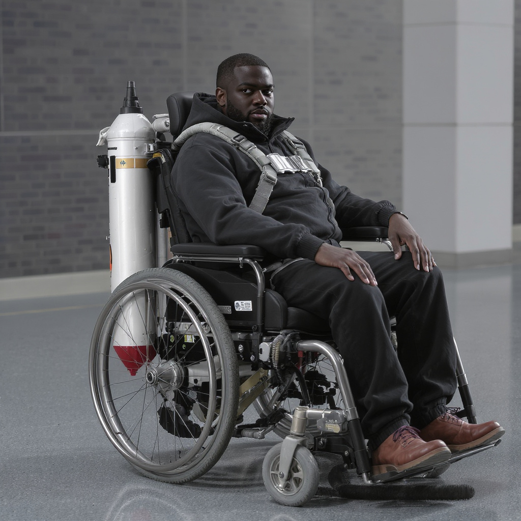 a black male sitting in a wheelchair with a jet pack
