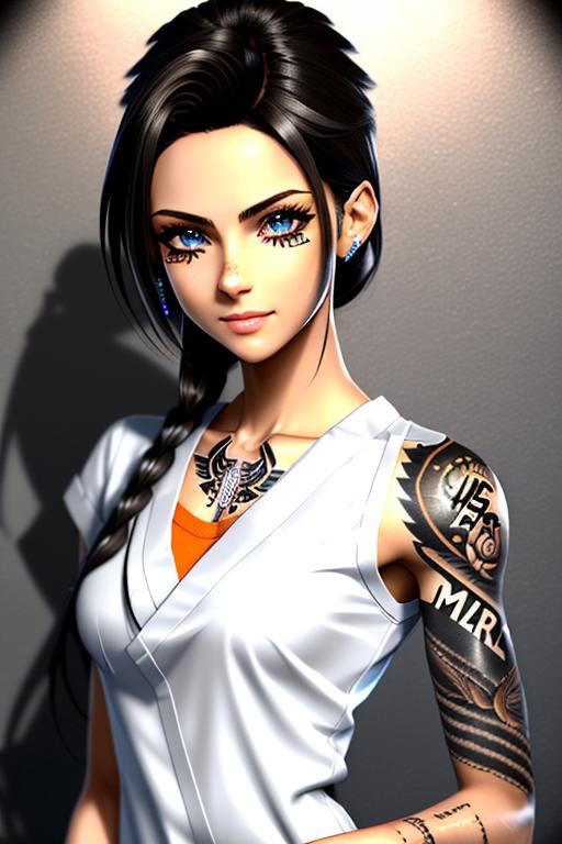 semi-realistic anime girl, skin highlights, black ha...