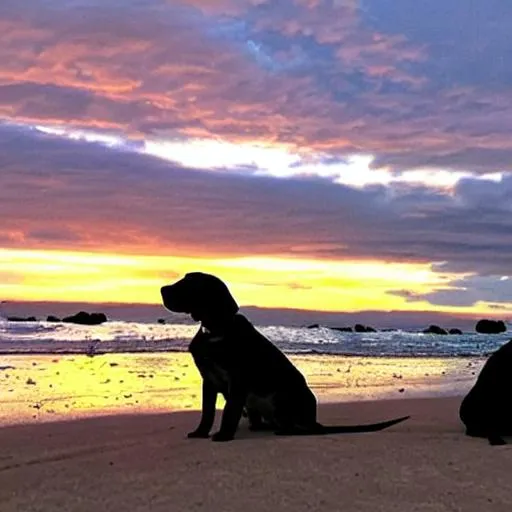 pretty lab puppies with a sunset on the beach