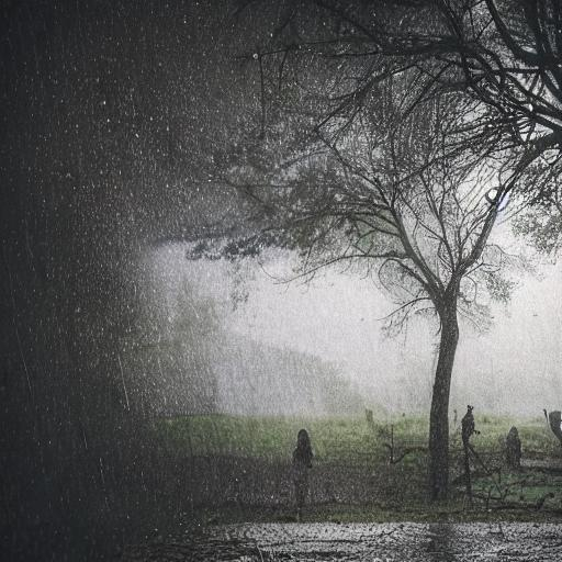 sad, dystopian, rain, trees, ruin, landscape, storm,... | OpenArt