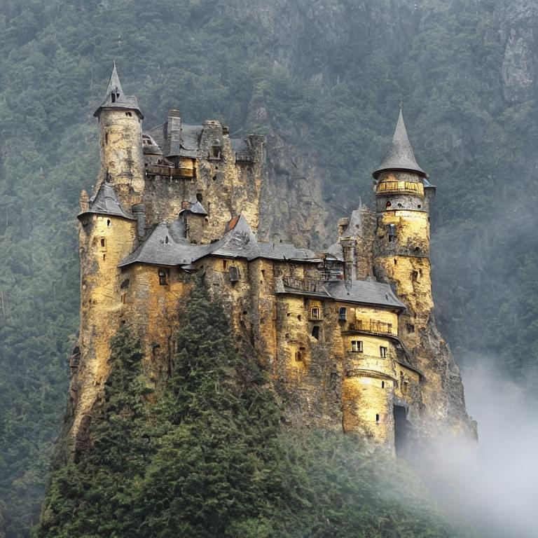 castle made from gold in mountain mist and below a w... | OpenArt