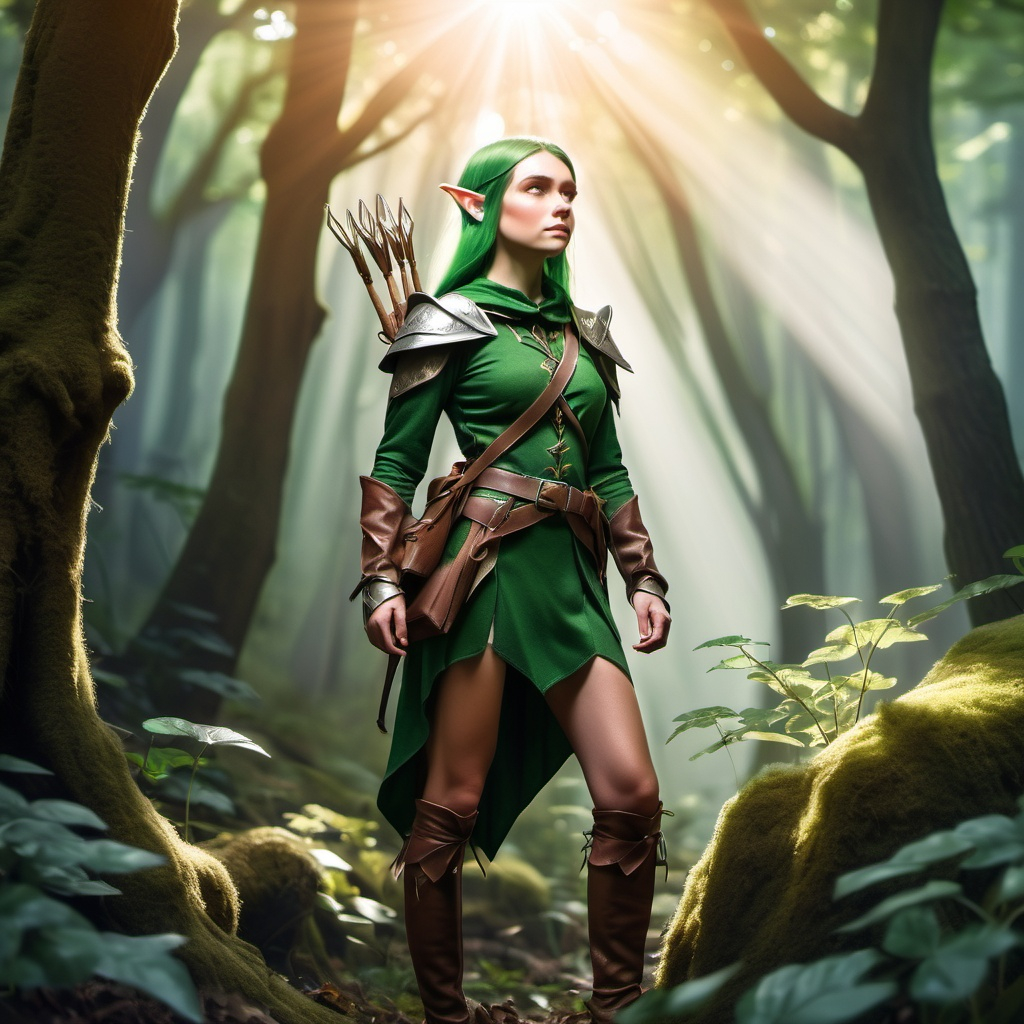 Elf ranger in a mystical forest around sunlight
