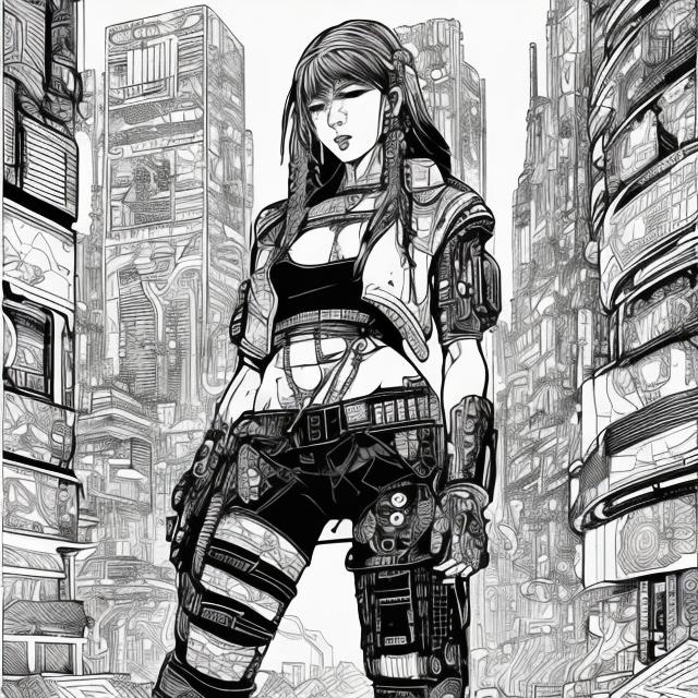 coloring book page, cyberpunk city, tough-looking gi...
