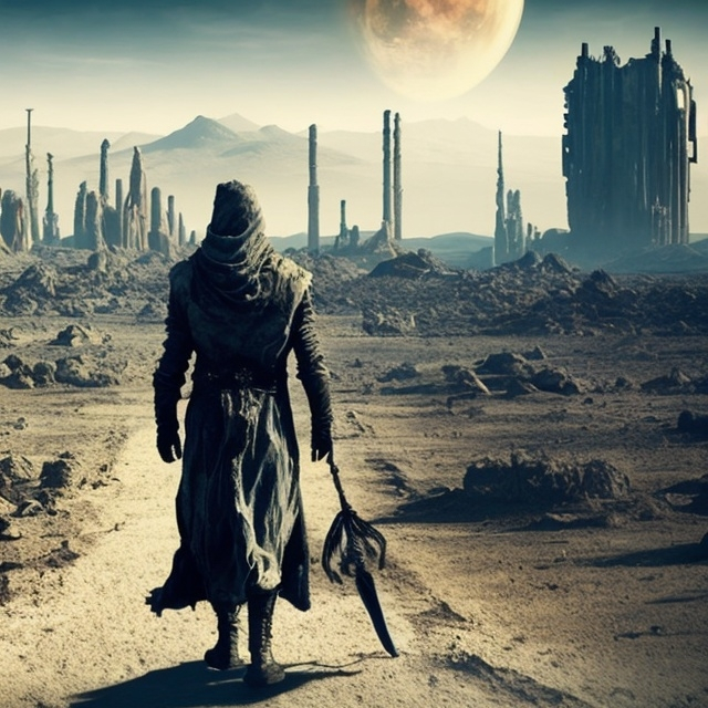 an enigmatic arcane wanderer walks the vast wastelan...