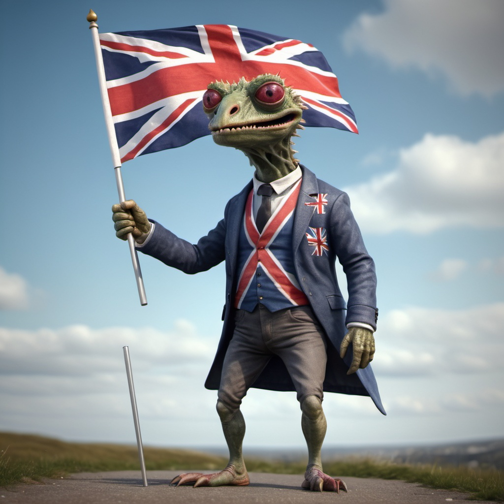 Weird creature holding British flag. Full length. Fu...