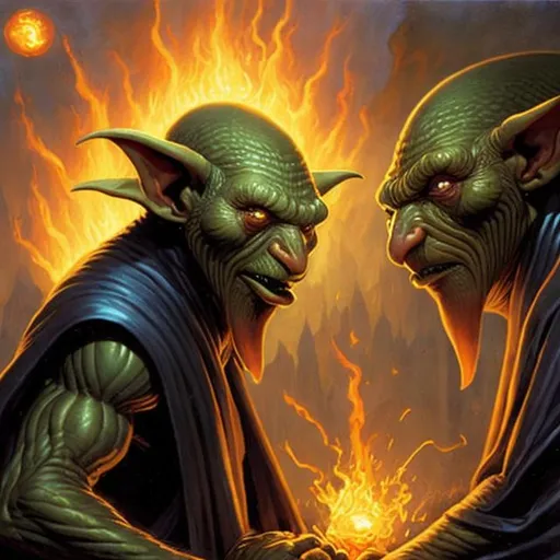 two goblins licking roast on a spit above cooking fire | OpenArt