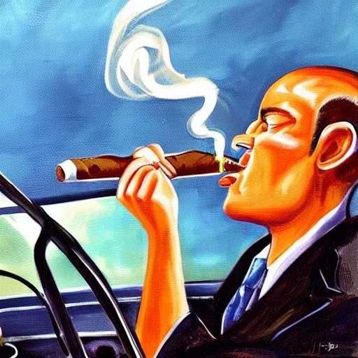 Dramatic painting of a man smoking a cigar while dri... | OpenArt